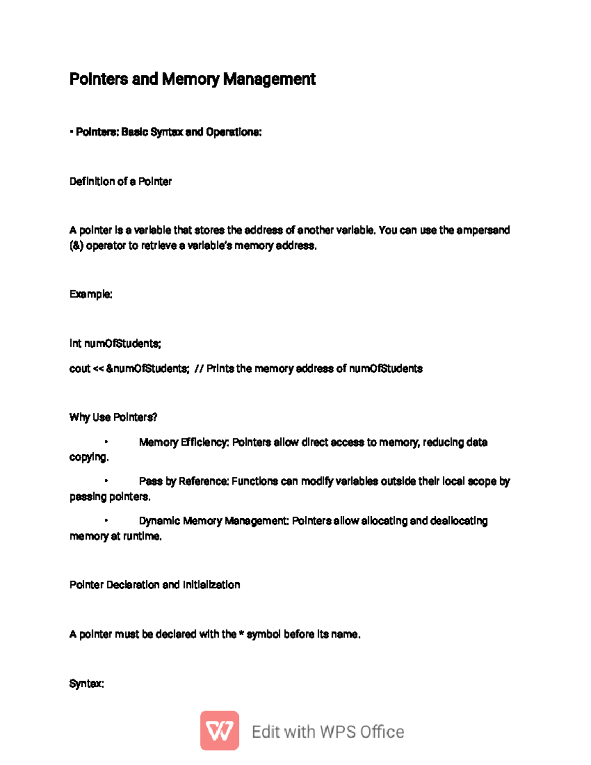 Group-1 C - nothing - Pointers and Memory Management Pointers: Basic Syntax and Operations ...