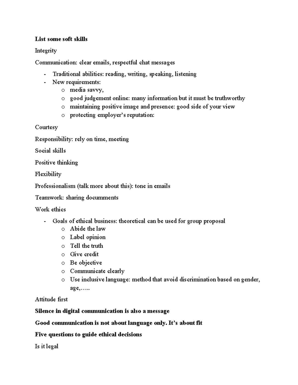 Business Communication Skills: Soft Skills & Ethical Practices - Studocu
