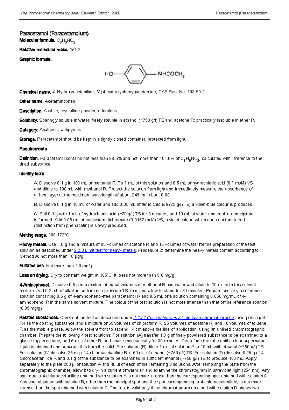 The International Pharmacopoeia 11th Ed. 2022: Paracetamol Monograph ...