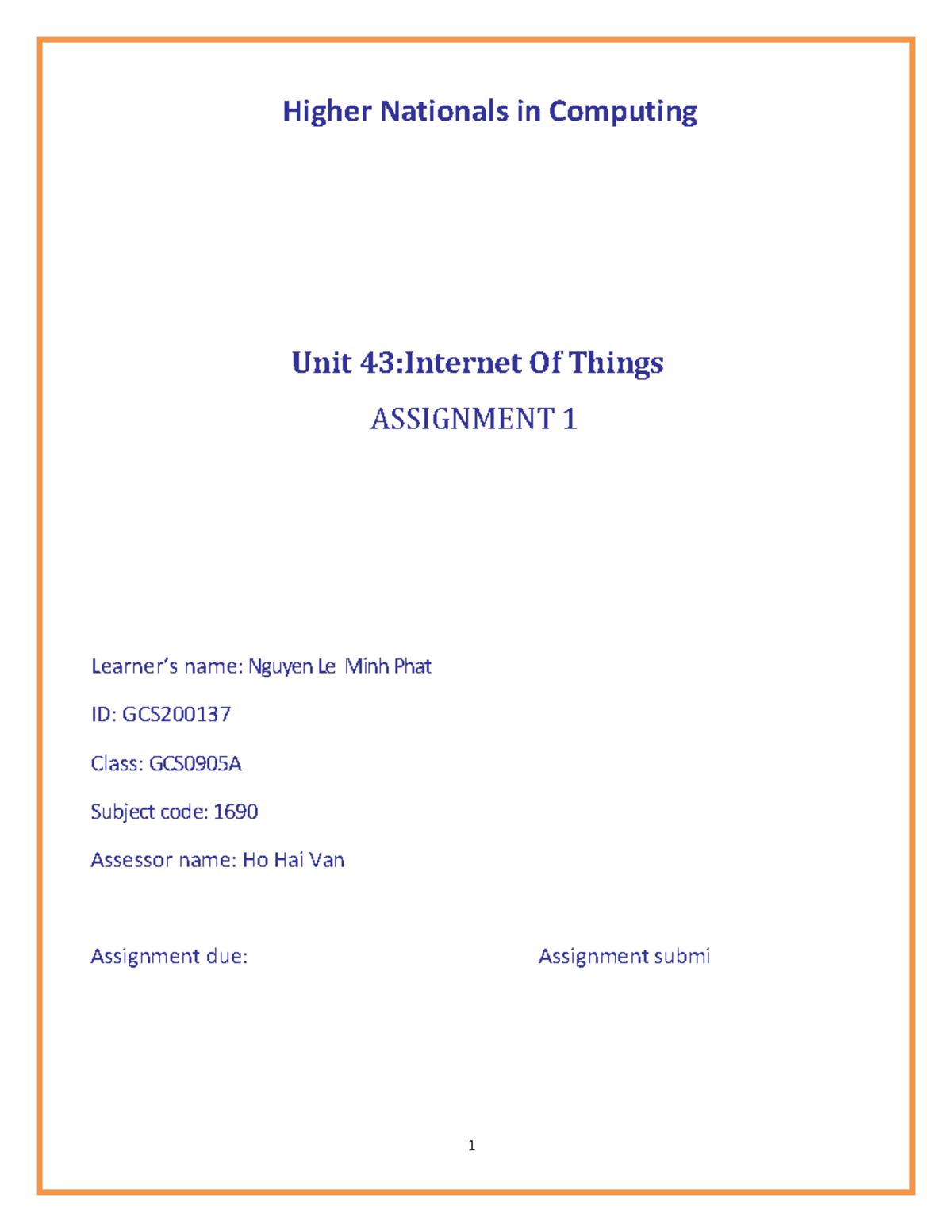 Assignment Internet Of Things (1690) ASM1 - Higher Nationals in Computing Unit 43:Internet Of ...