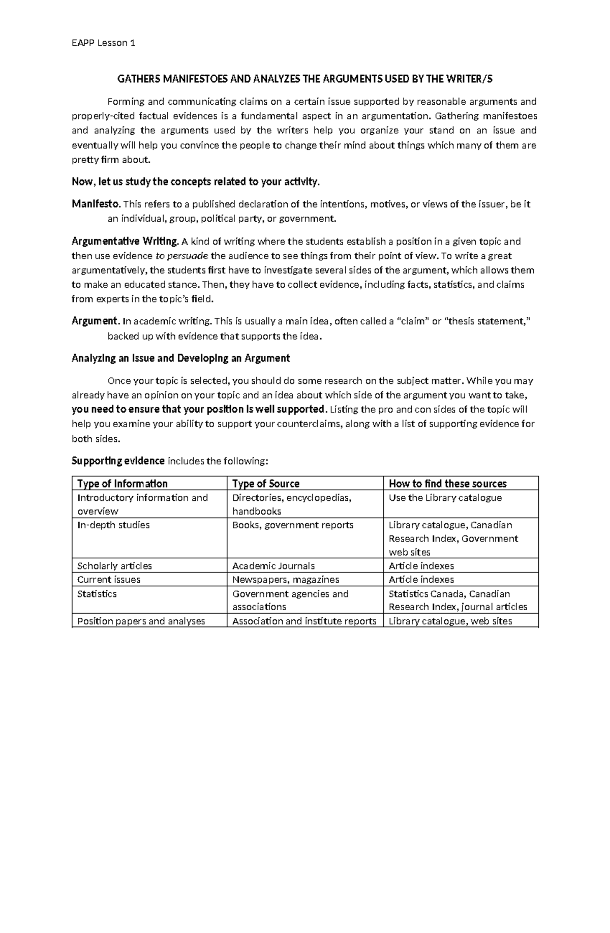 EAPP Lesson 1: Analyzing Arguments in Manifestoes - Studocu