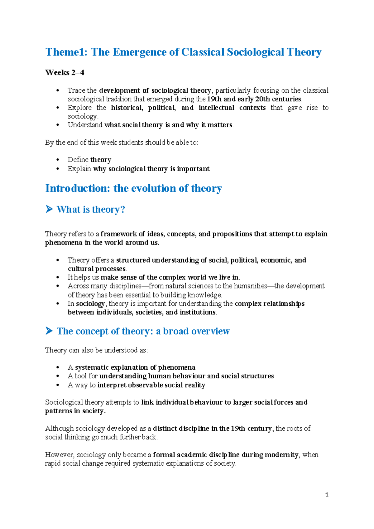 Classical Sociological Theory: Emergence & Key Thinkers (Theme 1) - Studocu