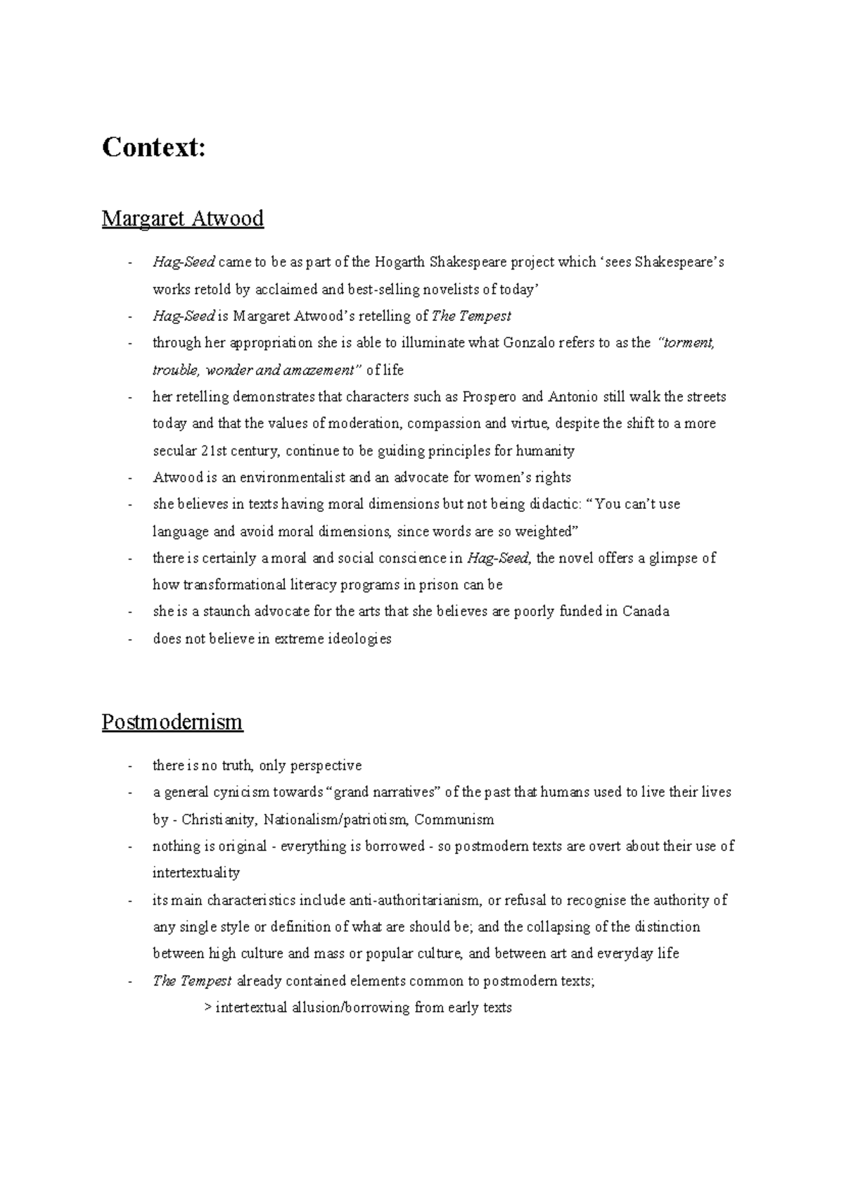 Hag-Seed (ENG 101) Summary Notes on Atwood's Retelling of The Tempest ...