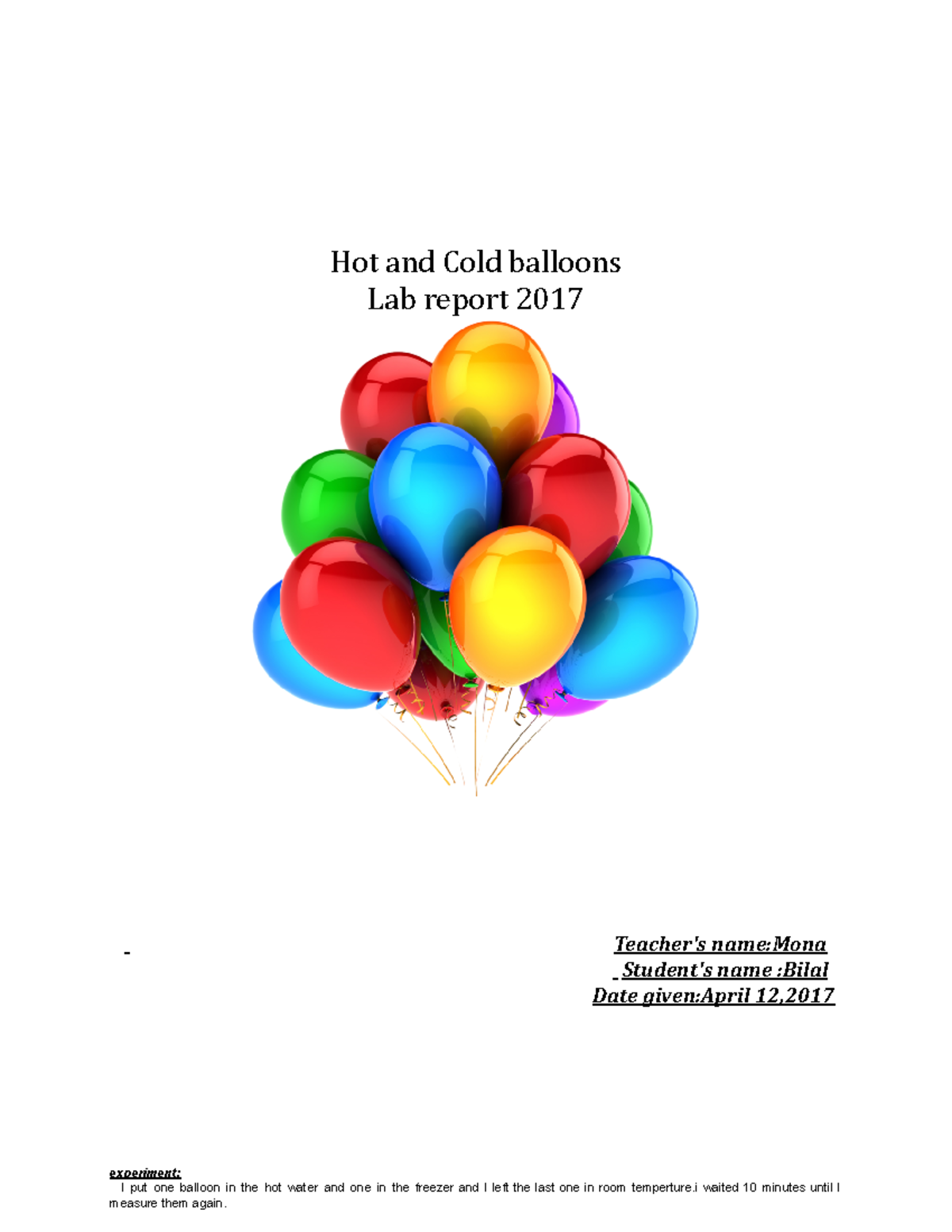 Thermal Expansion and Contraction Lab Report - Experiment with Balloons ...