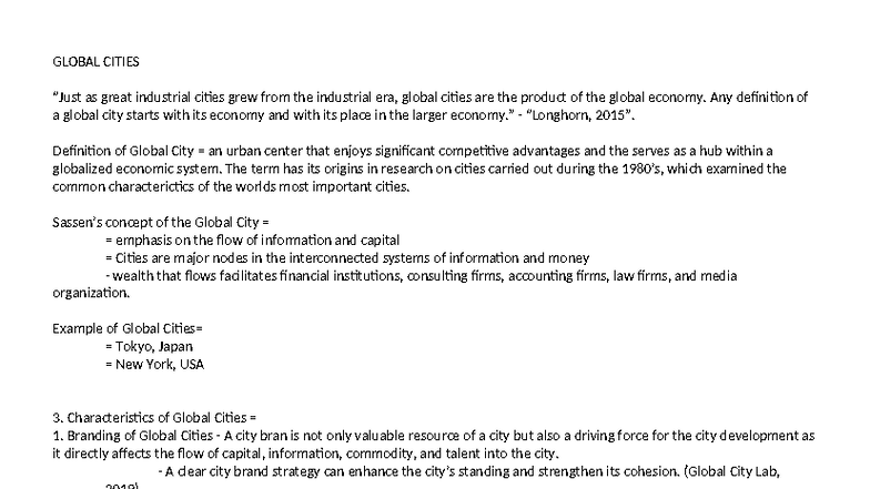 GLOBAL CITIES: Characteristics and Indicators of Economic Power - Studocu