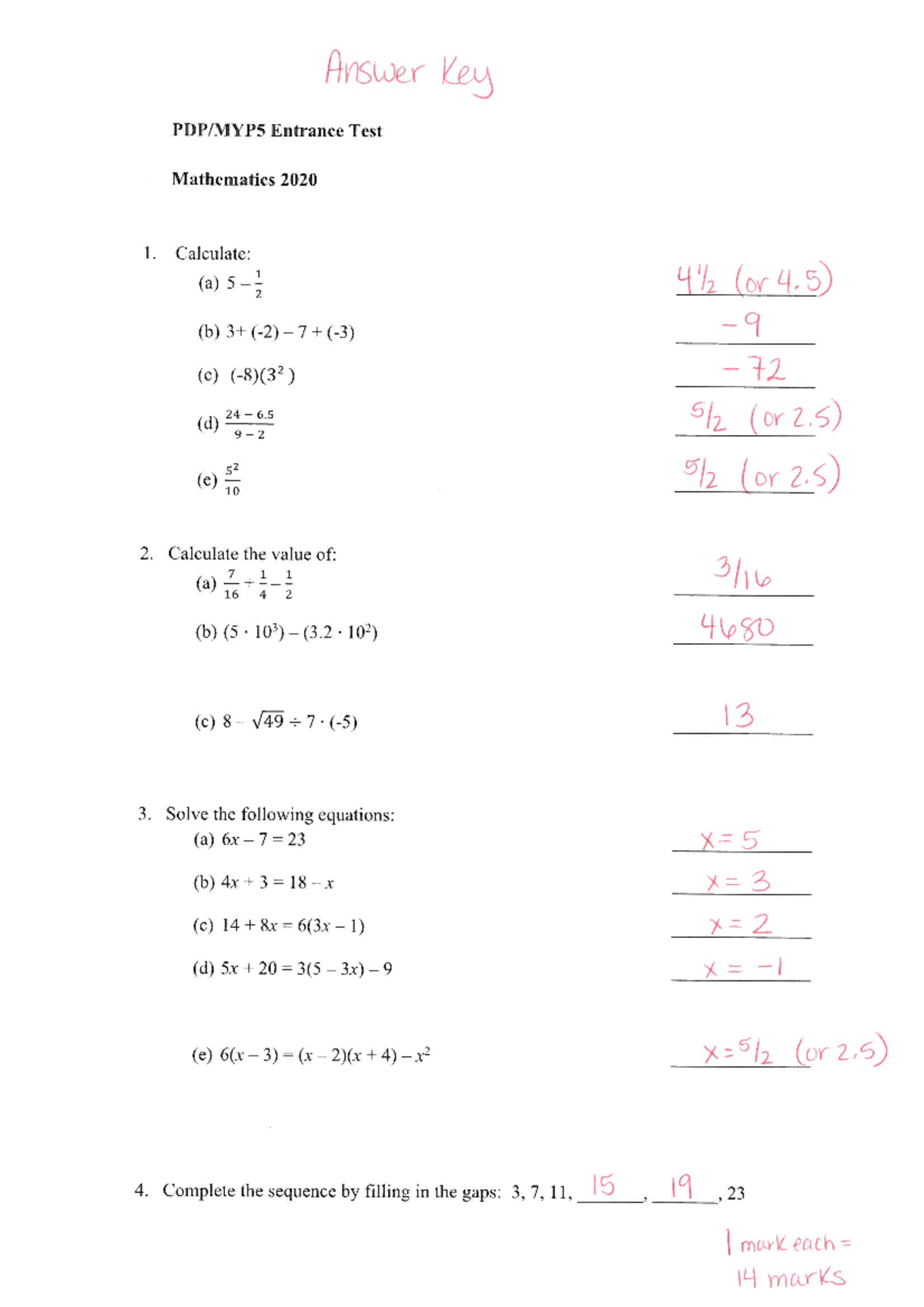 MYP5 Entrance Test 2020 Mathematics Answer Key - Studocu