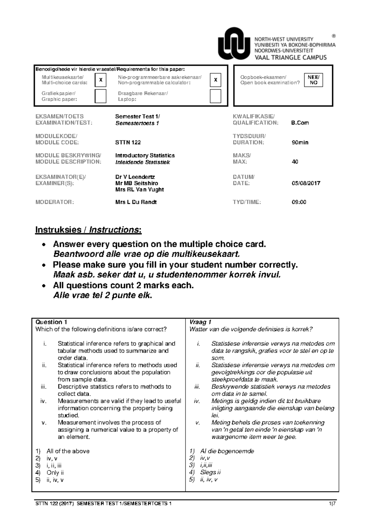 STTN 122 (2017) SEMESTER TEST 1/SEMESTERTOETS 1 - MULTI-CHOICE ...