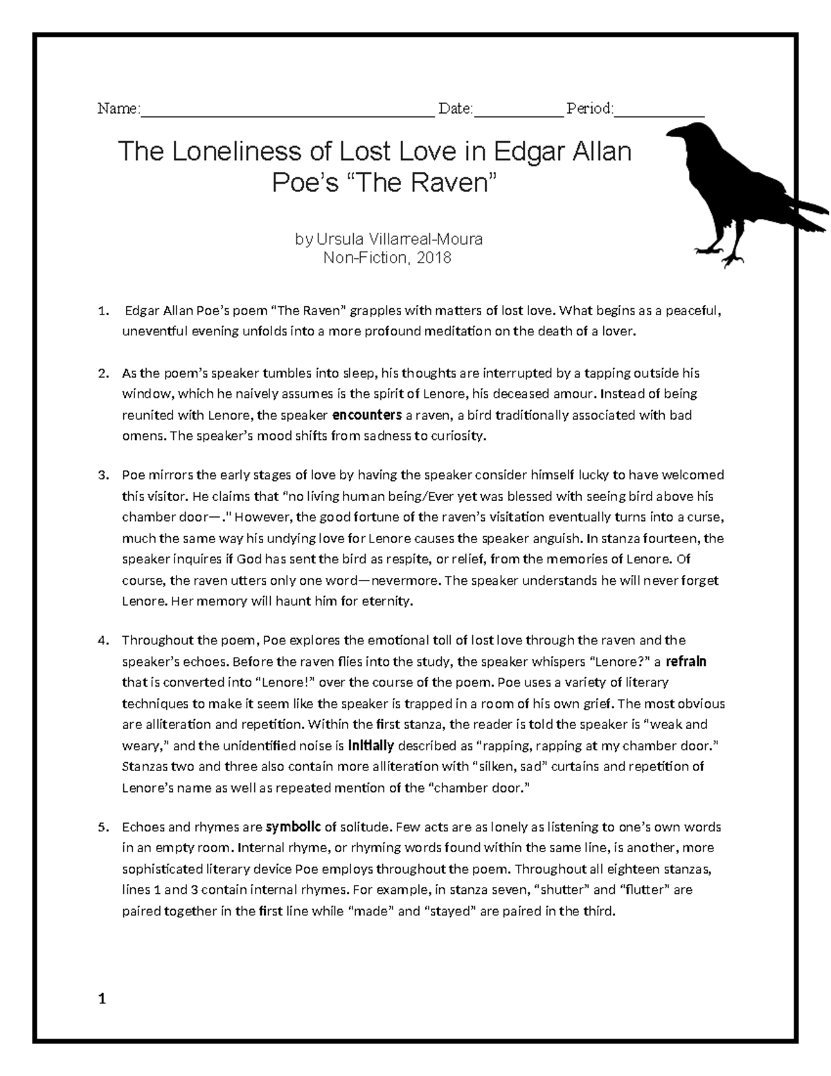 Edgar Allan Poe's The Raven: Analyzing Lost Love & Loneliness - Studocu