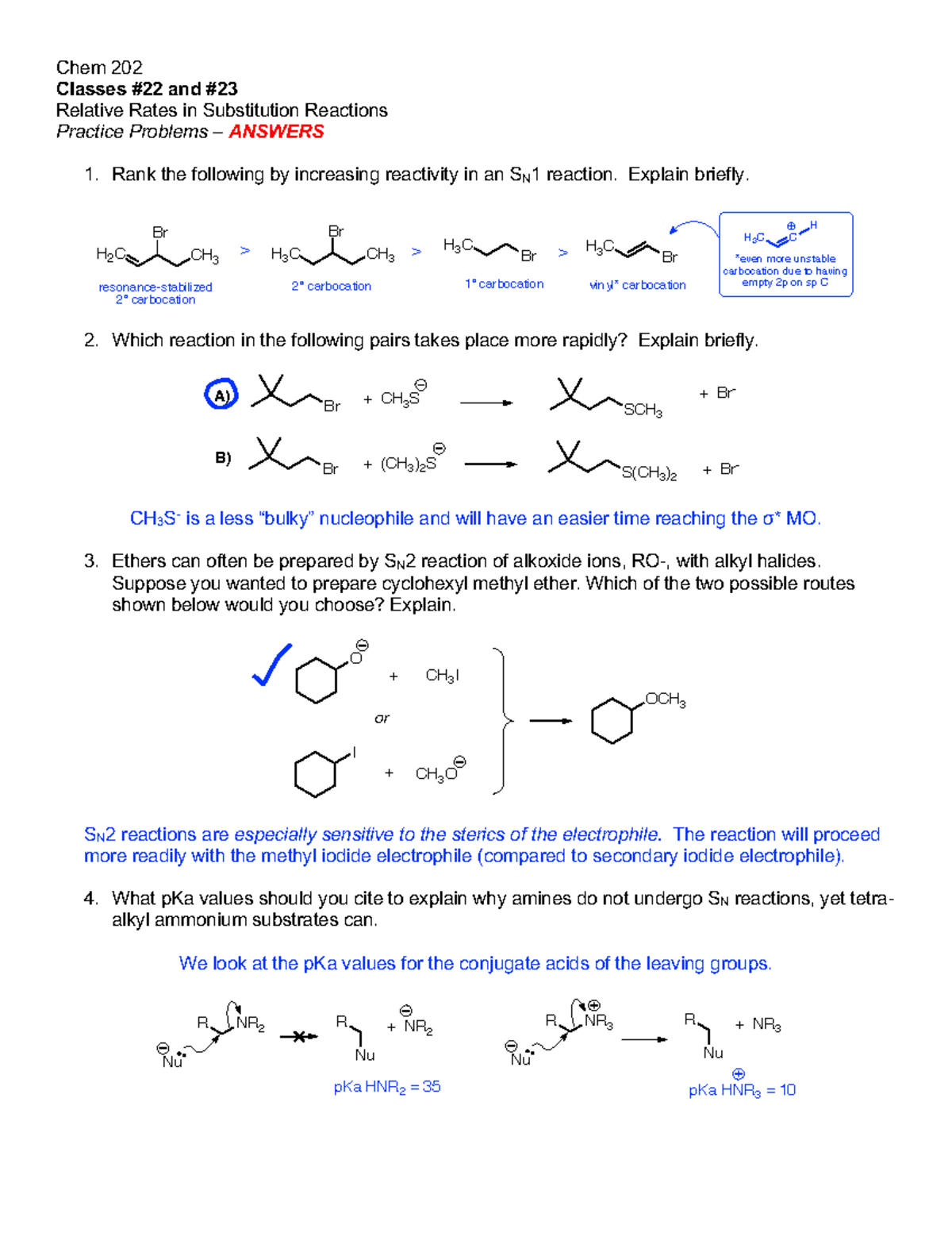 Chem 202 Class 22 & 23 SN1/SN2 Reaction Practice Problems ANSWERS - Studocu
