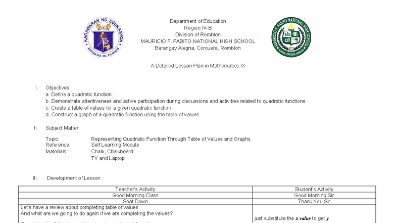 COT 2023 - Detailed Lesson Plan on Quadratic Functions - Studocu