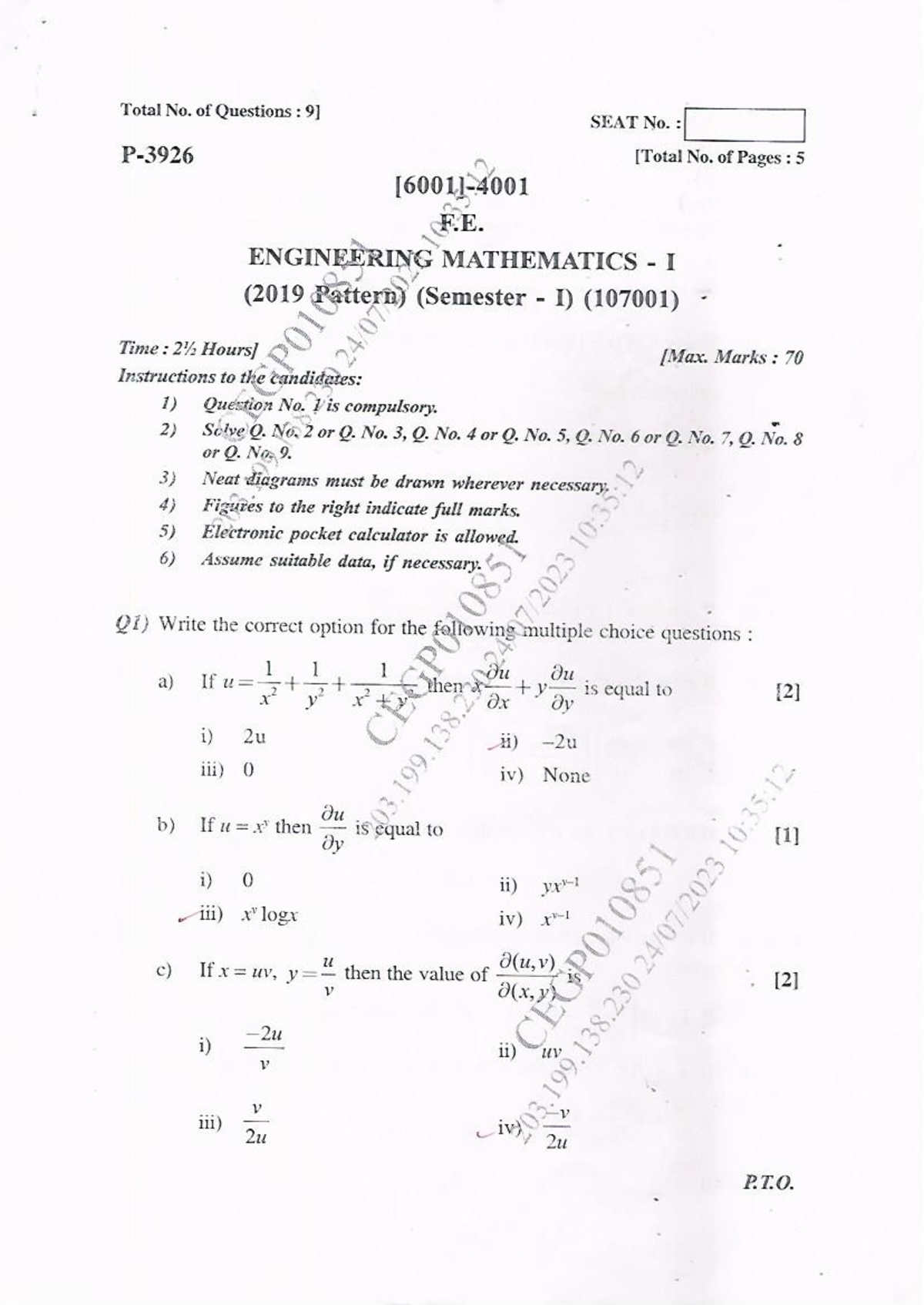 2023-II-M1 Question Paper - Total No. of Questions : SEAT No. : No. of ...