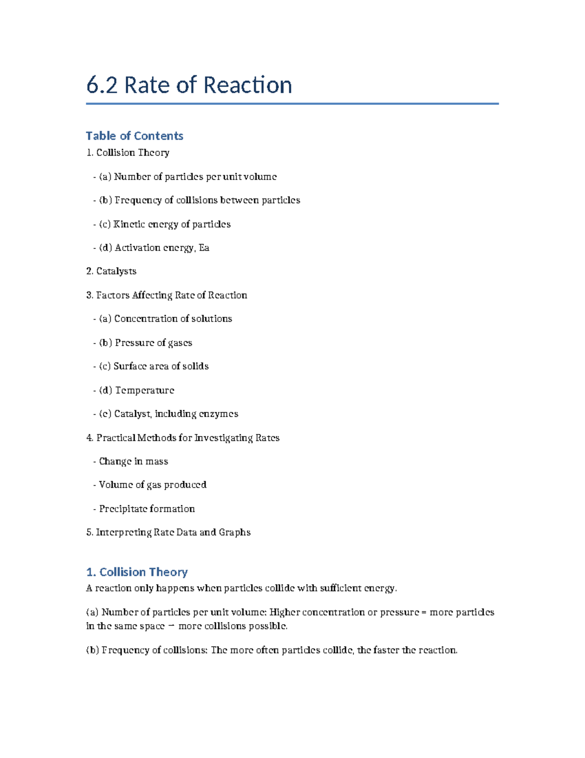 Rate of Reaction - Chemistry Notes (CHEM 6.2) - Studocu