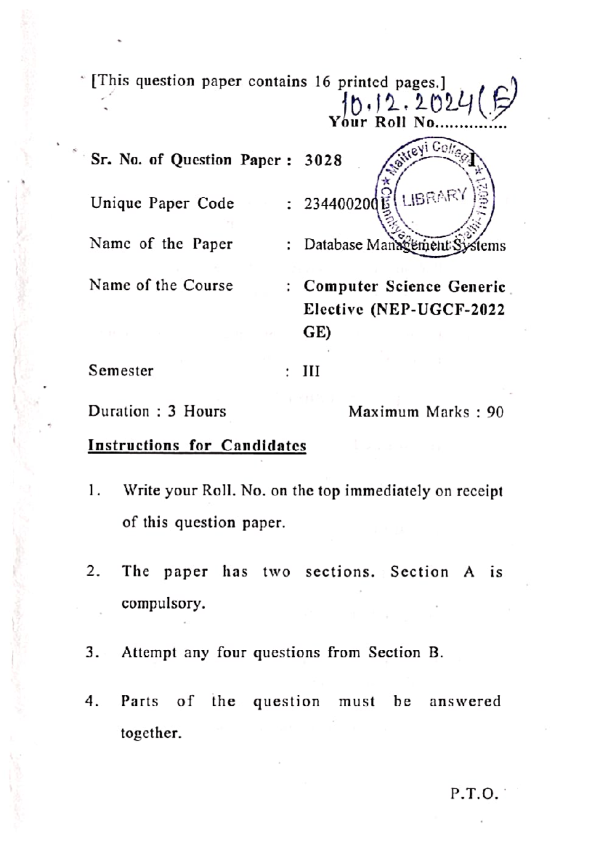 PYQ DBMS - Question Paper for Computer Science GE (3028) - Studocu
