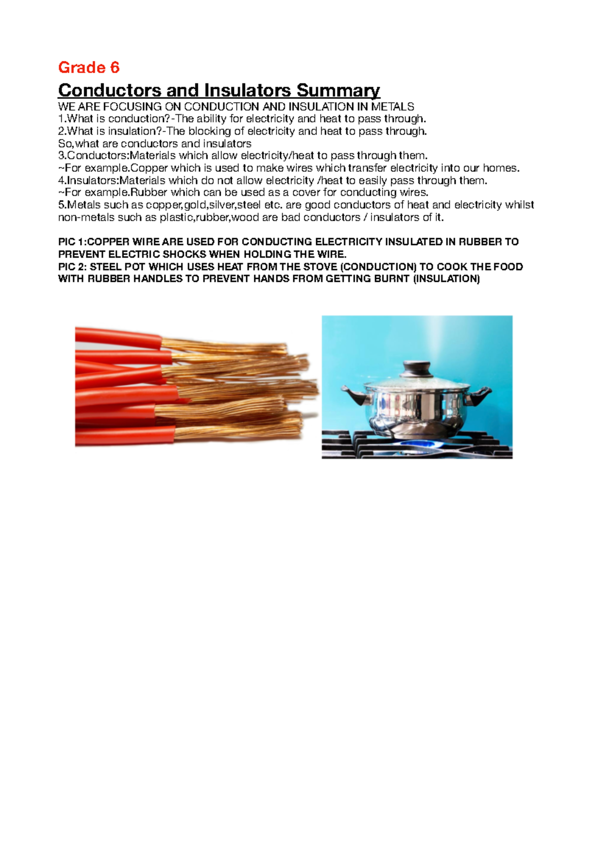 Grade 6 | Conductors and Insulators: Summary of Key Concepts - Studocu