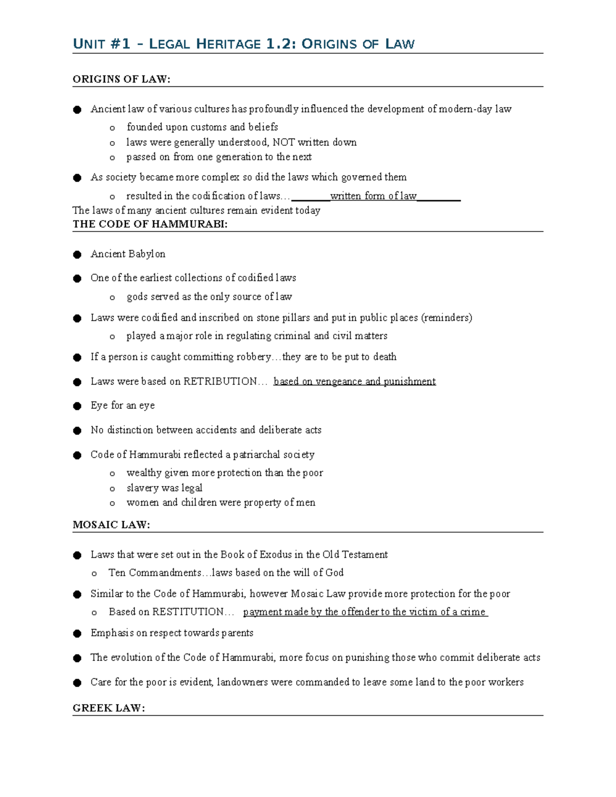 Unit #1 Legal Heritage: Origins of Law and Its Cultural Influences ...