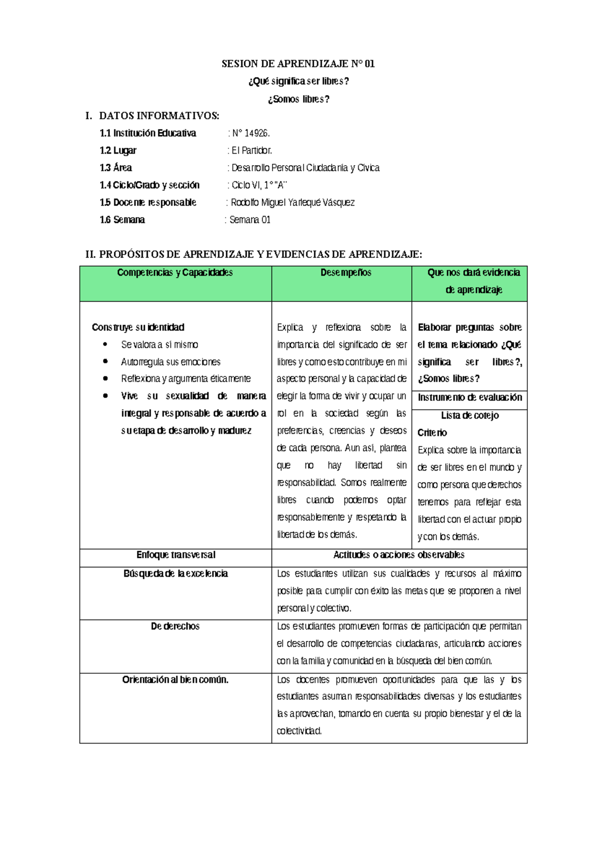 SESION DE APRENDIZAJE 01: Significado de Ser Libres en DPCC - Studocu