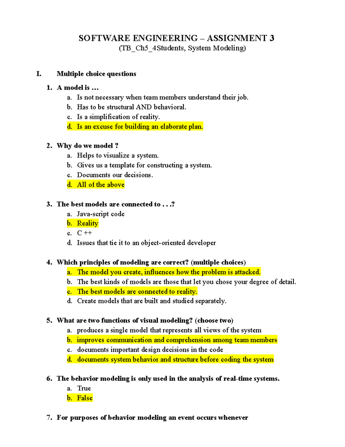 SOFTWARE ENGINEERING – ASSIGNMENT 3 (TB_Ch5_4Students) Exam Questions ...
