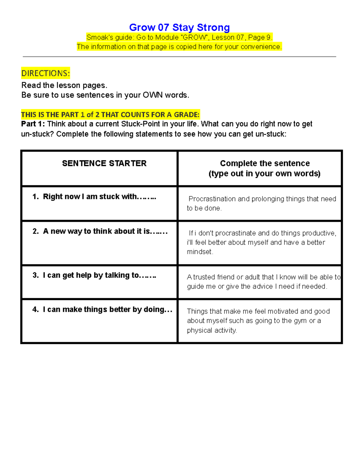 GROW 07 Lesson 07: Strategies to Overcome Stuck-Points - Studocu