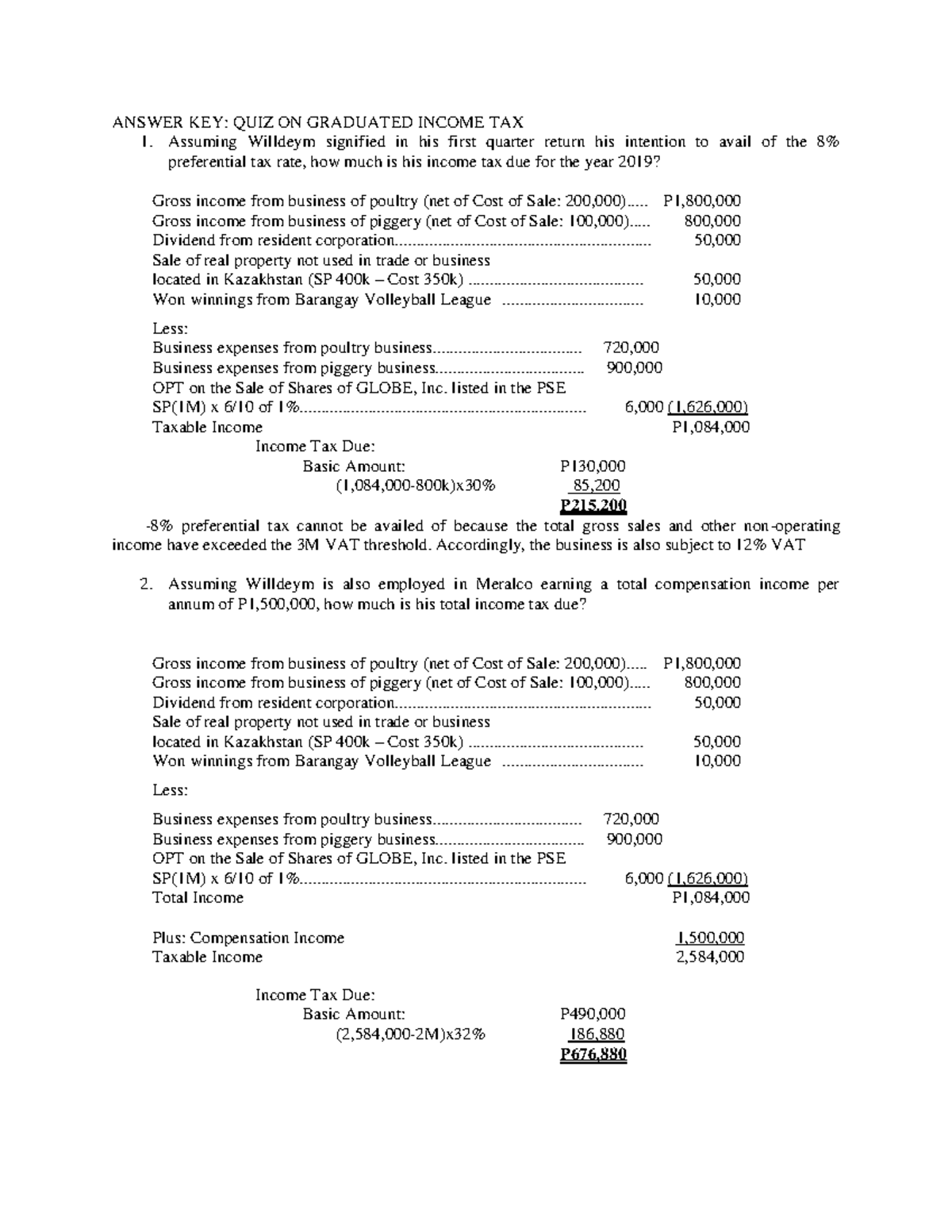 Answer Key - Quiz on Graduated Income Tax (FIN 101) - Studocu