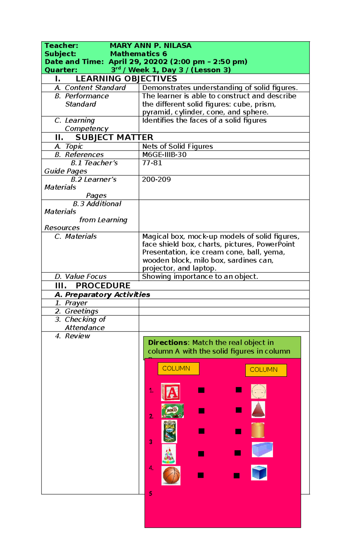 MATH-6: Detailed Lesson Plan on Solid Figures - Studocu