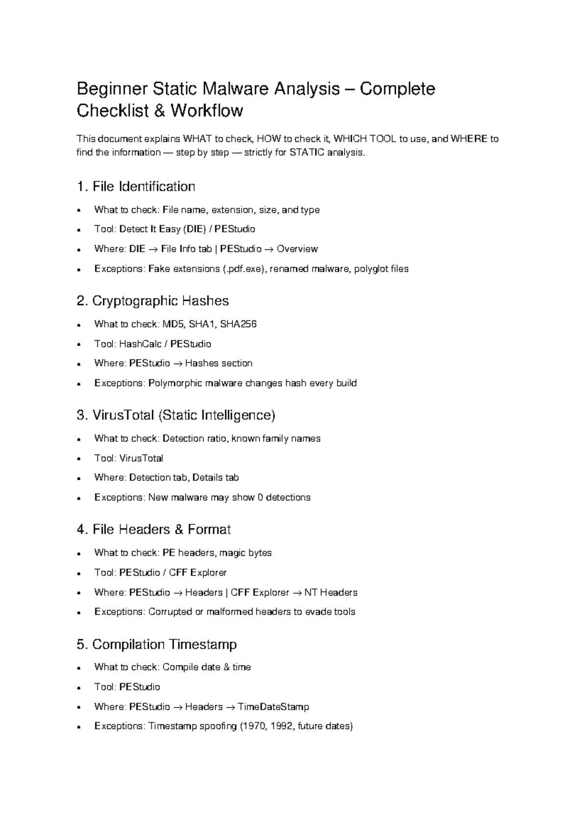 Beginner Static Malware Analysis Checklist (Workflow) - Studocu