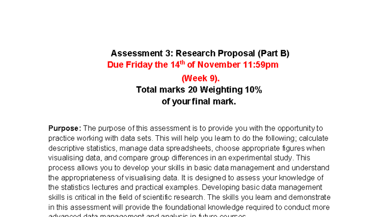 Assessment 3: Research Proposal (Part B) - Data Management & Analysis ...