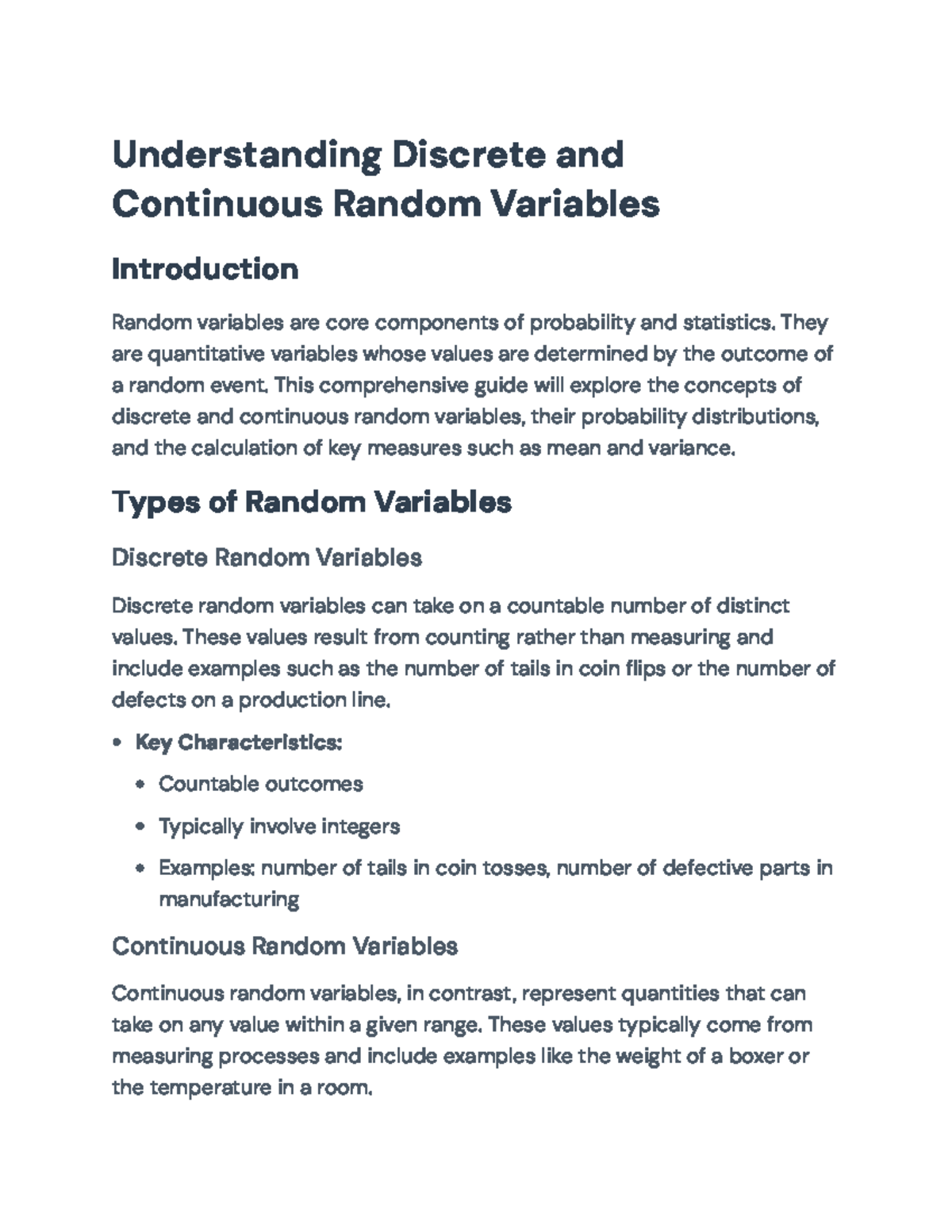 Understanding Discrete & Continuous Random Variables: Key Concepts ...