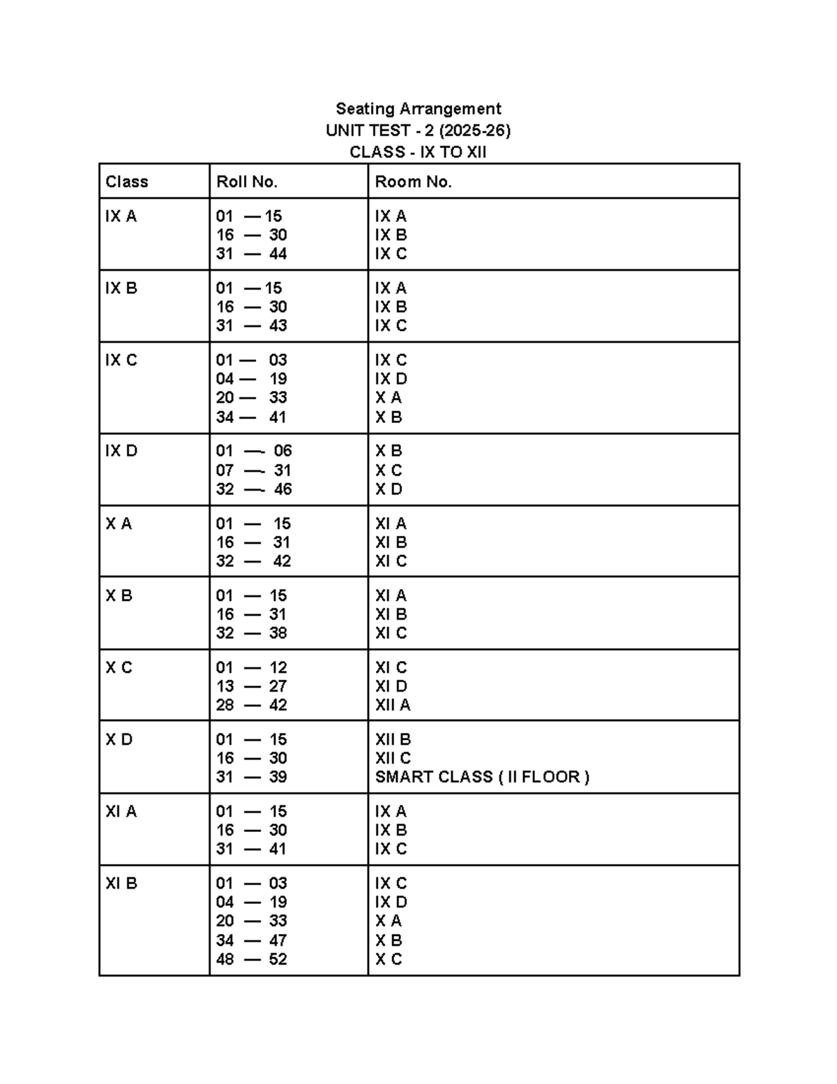 Seating Arrangement for Unit Test 2 (2025-26) - Classes IX to XII - Studocu