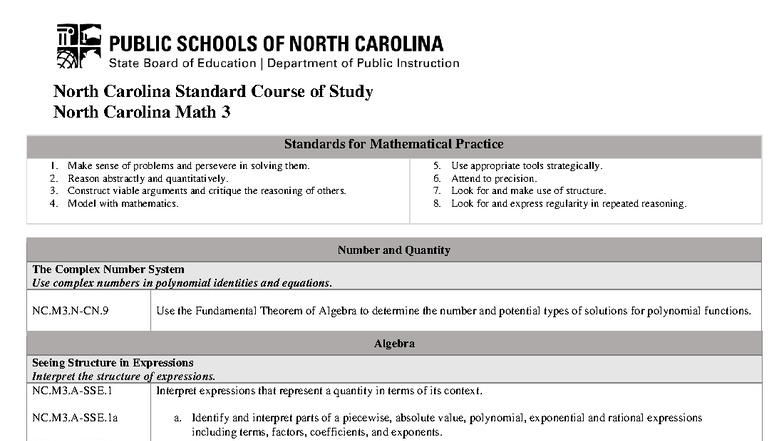 NC Math 3 Standards: Overview & Application Guide - Studocu