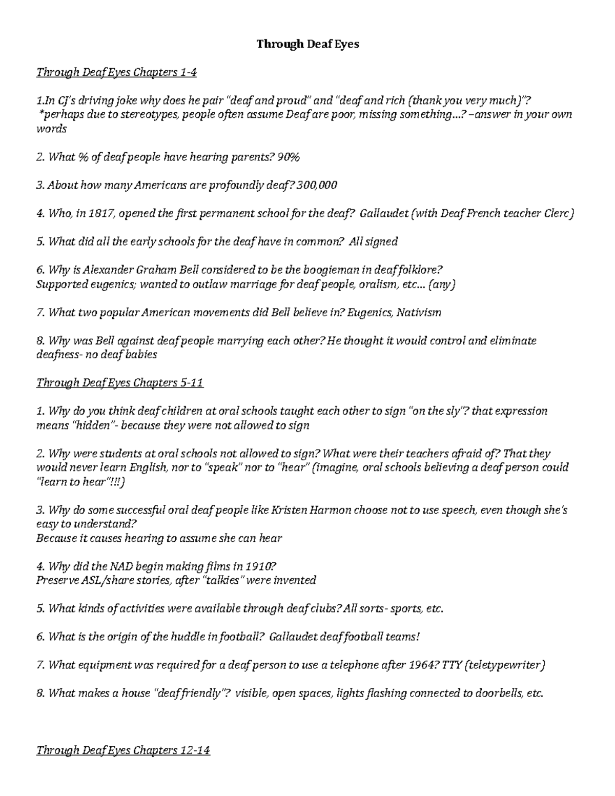 Through Deaf Eyes: Chapter Analysis and Discussion Questions - Studocu