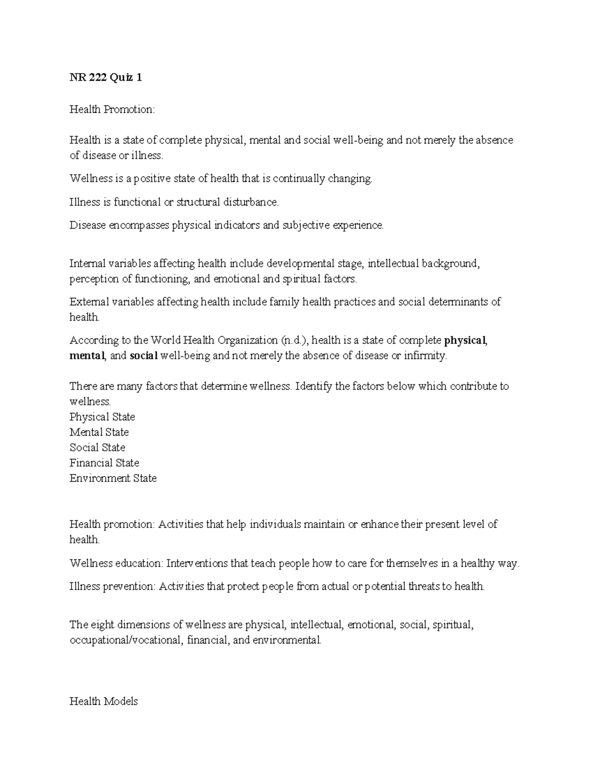NR 222 Quiz 1: Understanding Health, Wellness, and Prevention Models ...