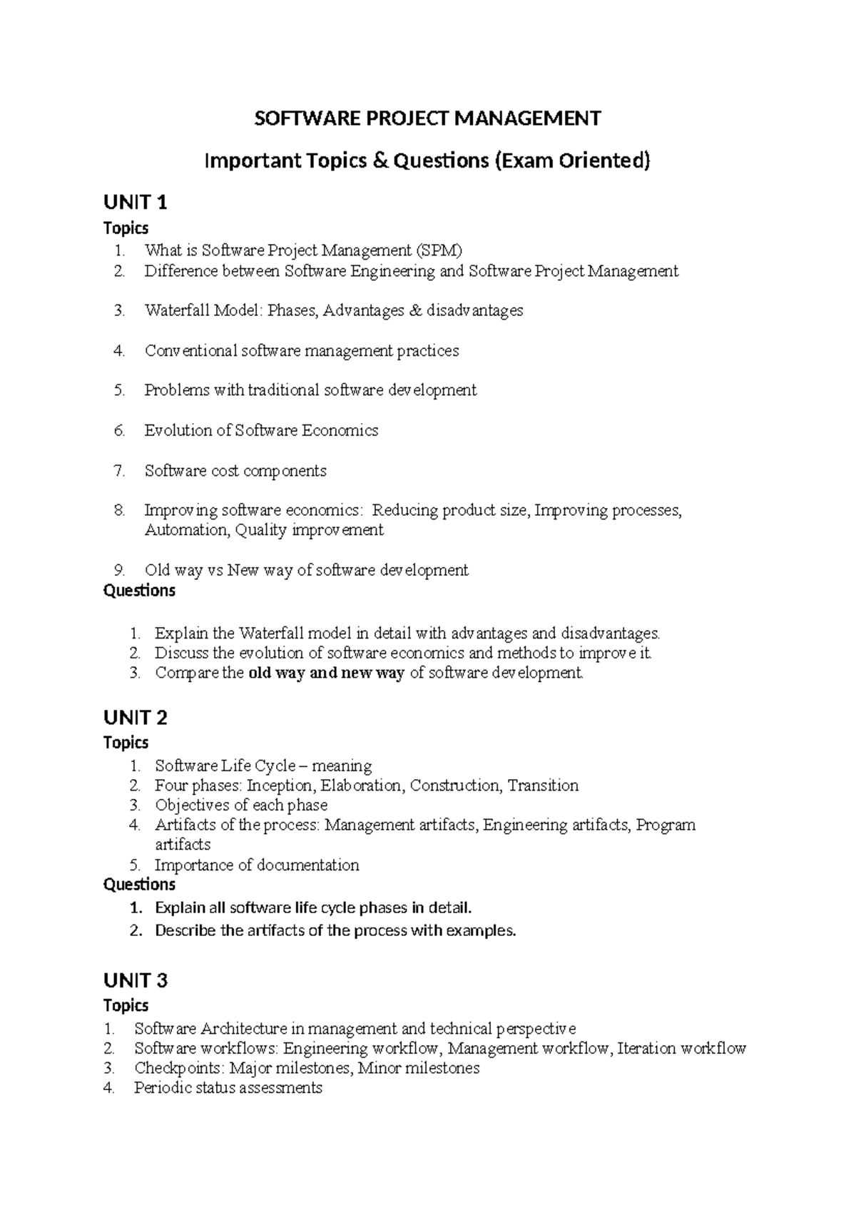 SOFTWARE PROJECT MANAGEMENT Exam-Oriented Topics & Questions - Studocu
