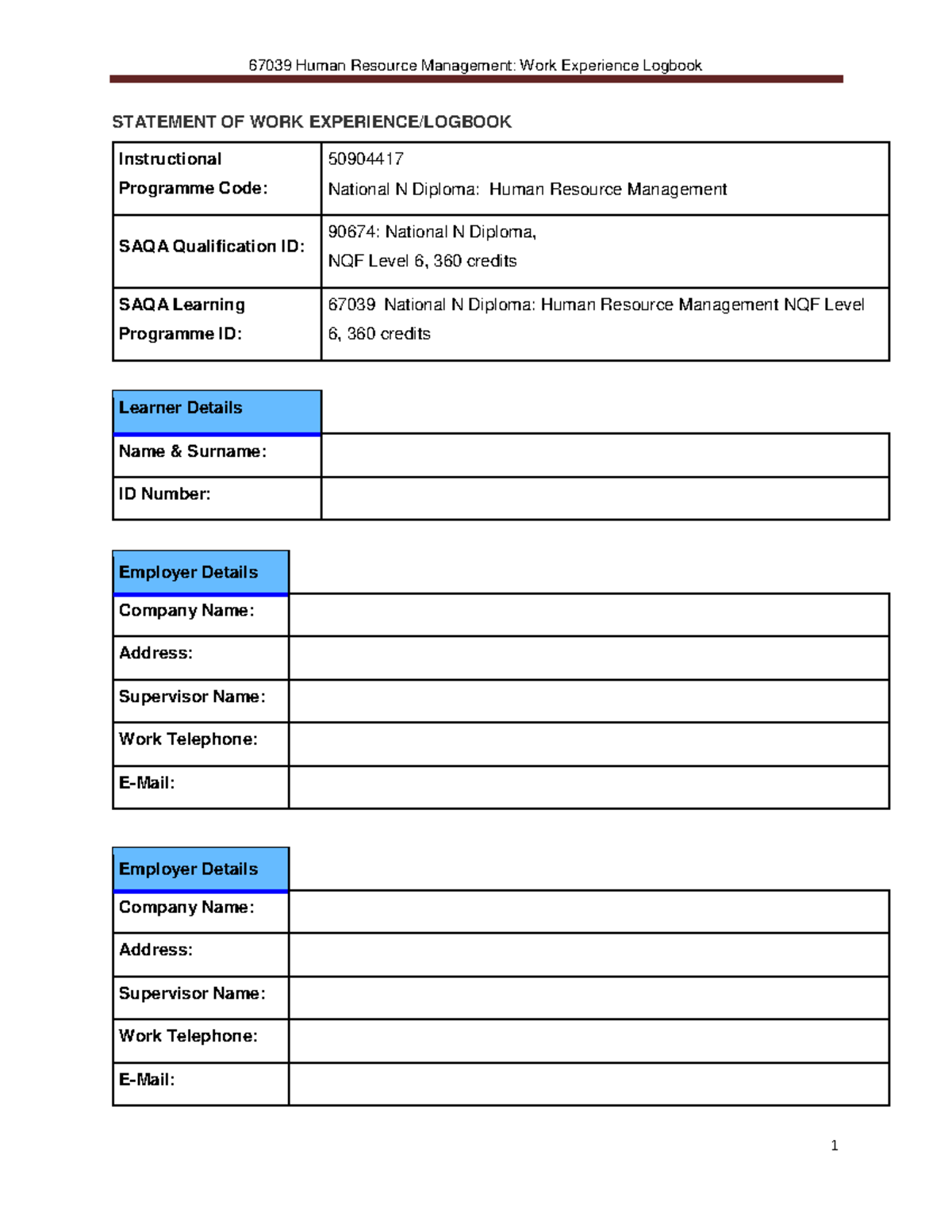 67039 Human Resource Management: Work Experience Logbook Overview - Studocu