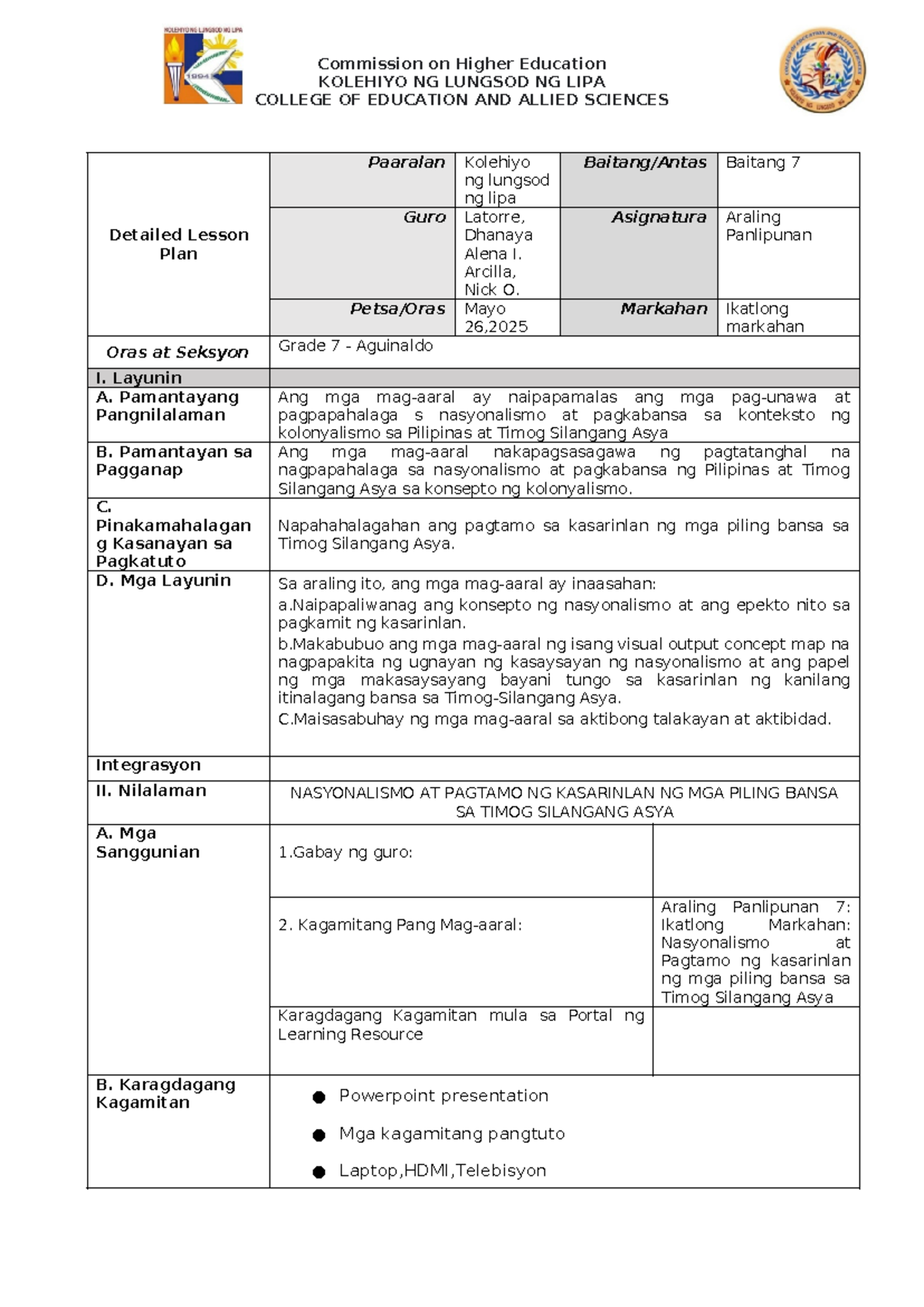 Detailed Lesson Plan for Grade 7: Nasyonalismo at Kasarinlan (AP 7 ...