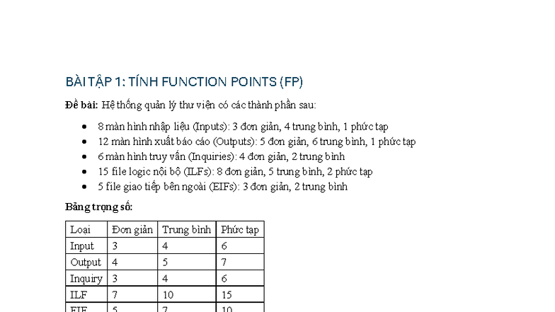 CT113: BÀI TẬP TÍNH FUNCTION POINTS VÀ USE CASE POINTS - Studocu