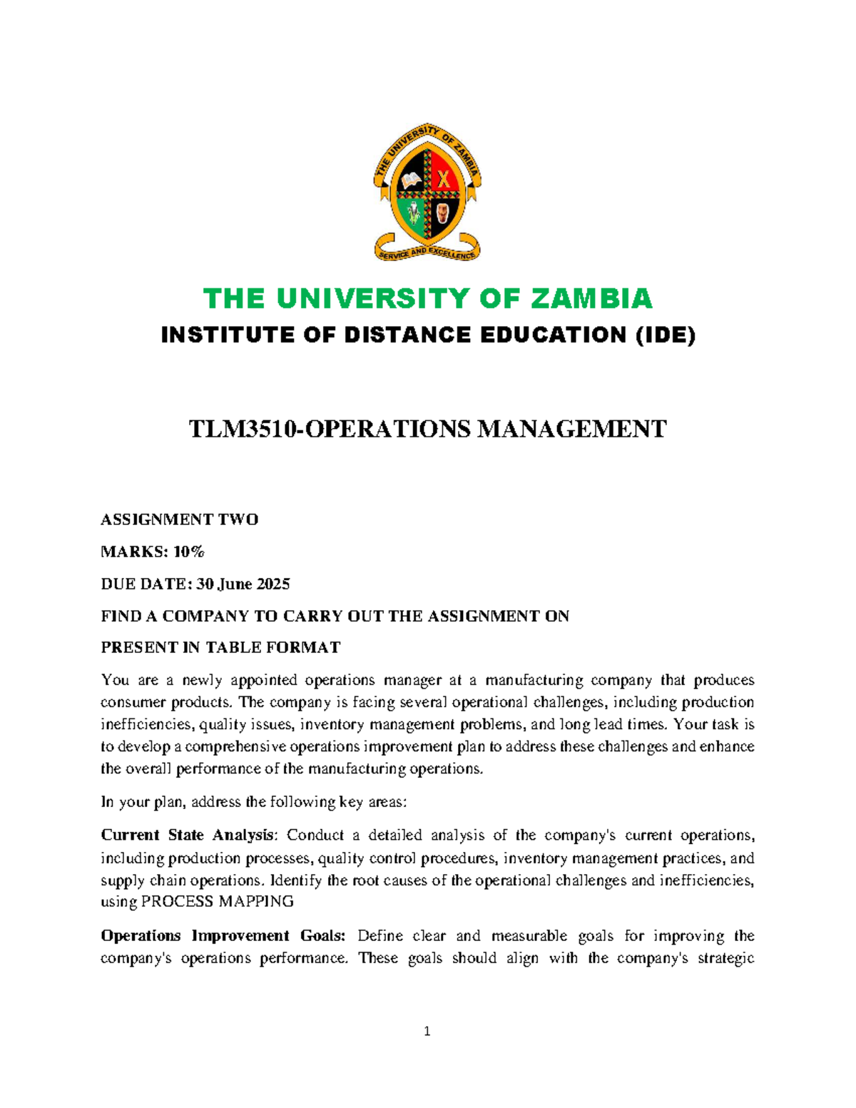 IDE Management Assignment 2: Operations Improvement Plan (Due 30 June 2025) - Studocu