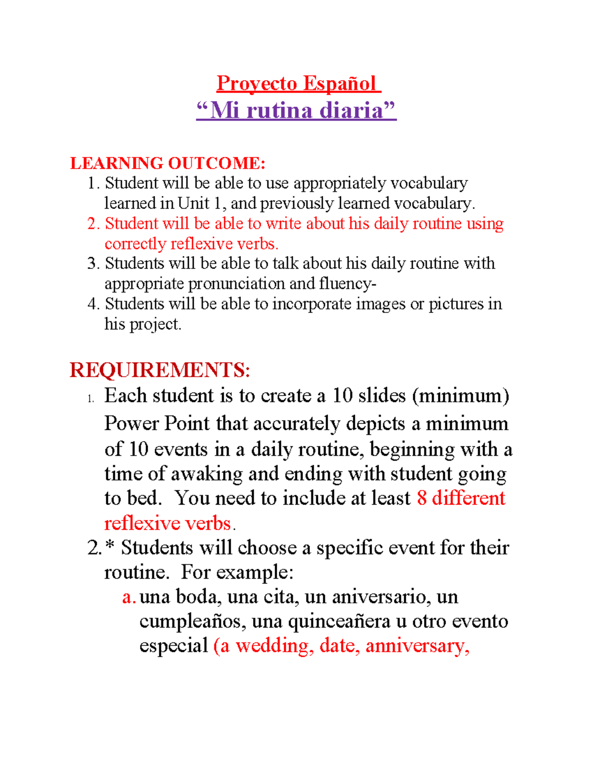 Proyecto Español: Mi Rutina Diaria - Requisitos y Objetivos - Studocu