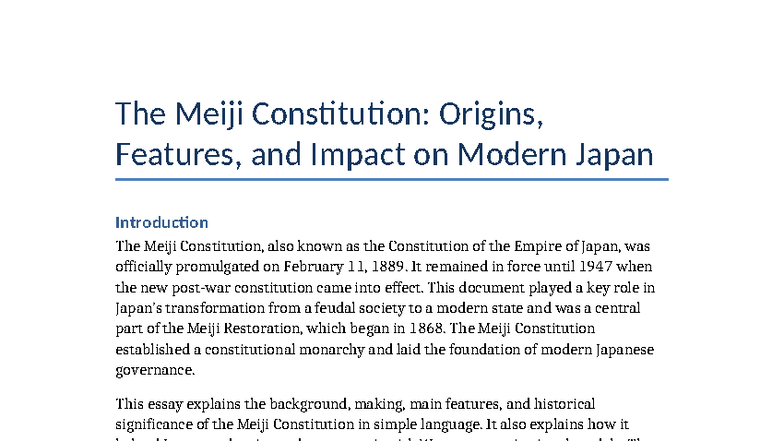 Meiji Constitution Essay (HIST 101): Origins, Features, and Impact ...