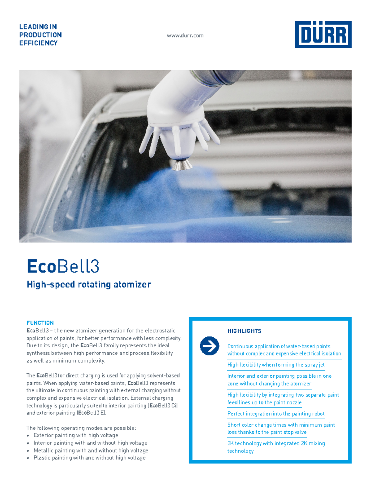 Duerr EC-3 EcoBell Datasheet: Advanced Paint Atomizer Features - Studocu
