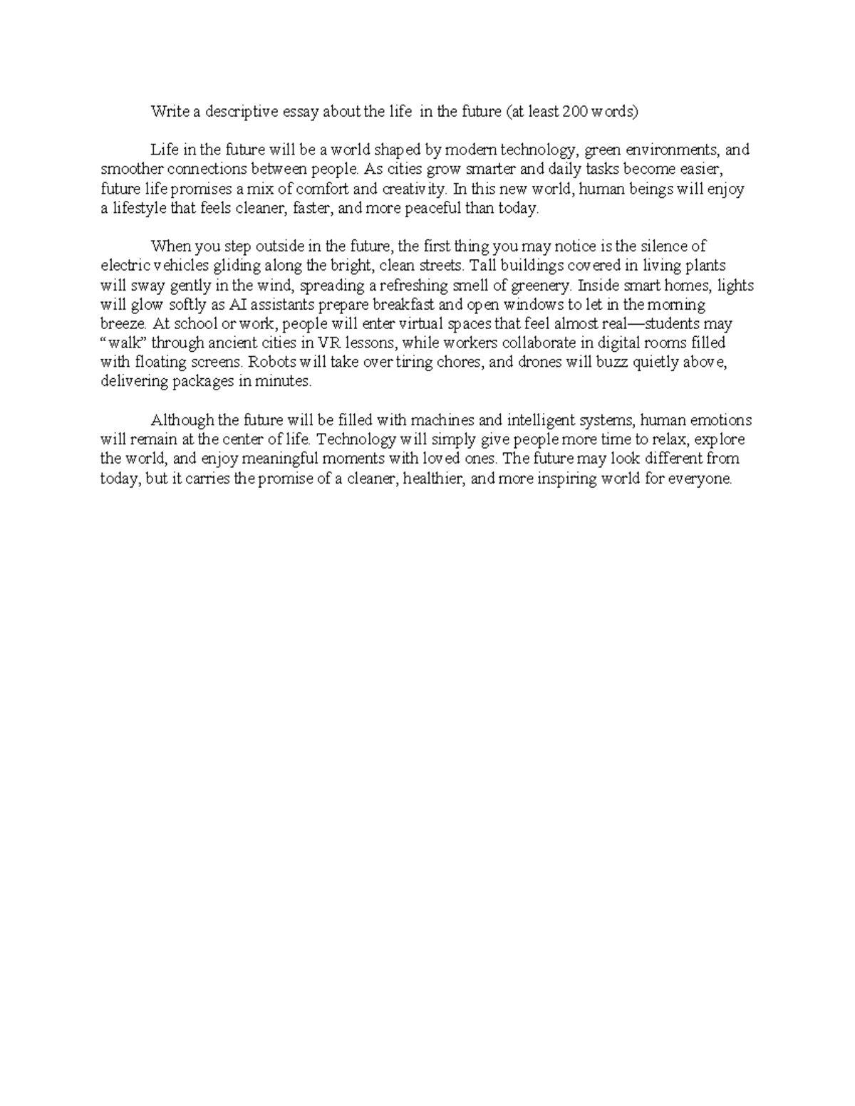 25FA0216414 Descriptive Essay: Life in the Future - Studocu