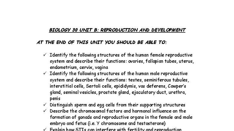 BIOLOGY 30 UNIT B: REPRODUCTION & DEVELOPMENT OVERVIEW - Studocu