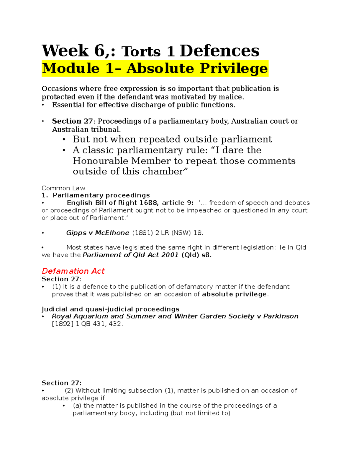 Week 6: Torts 1 Defamation Defences - Absolute & Qualified Privilege ...