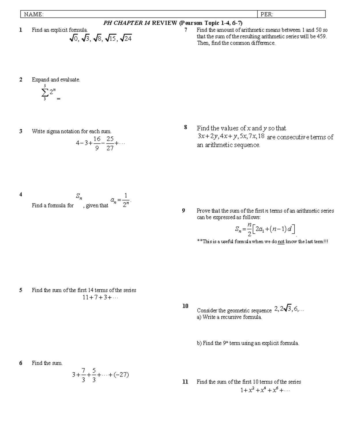 PH Chapter 14 Review: Arithmetic & Geometric Sequences - NAME: PER: PH ...