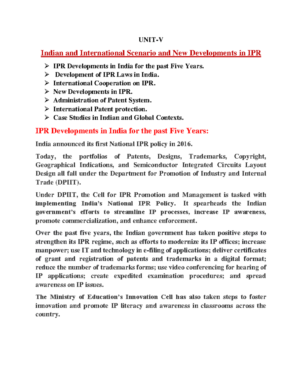 Unit V: IPR Developments in India & International Perspectives - Studocu