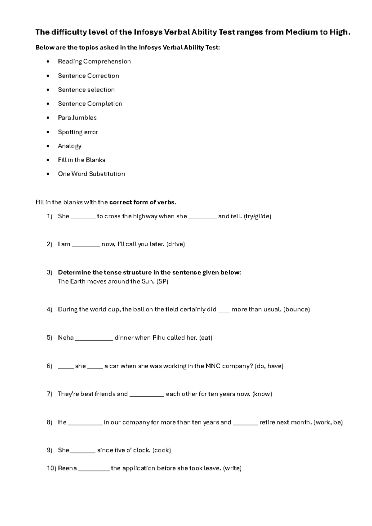 Infosys - Verbal Ability Test Practice Paper: Grammar Focus - Studocu