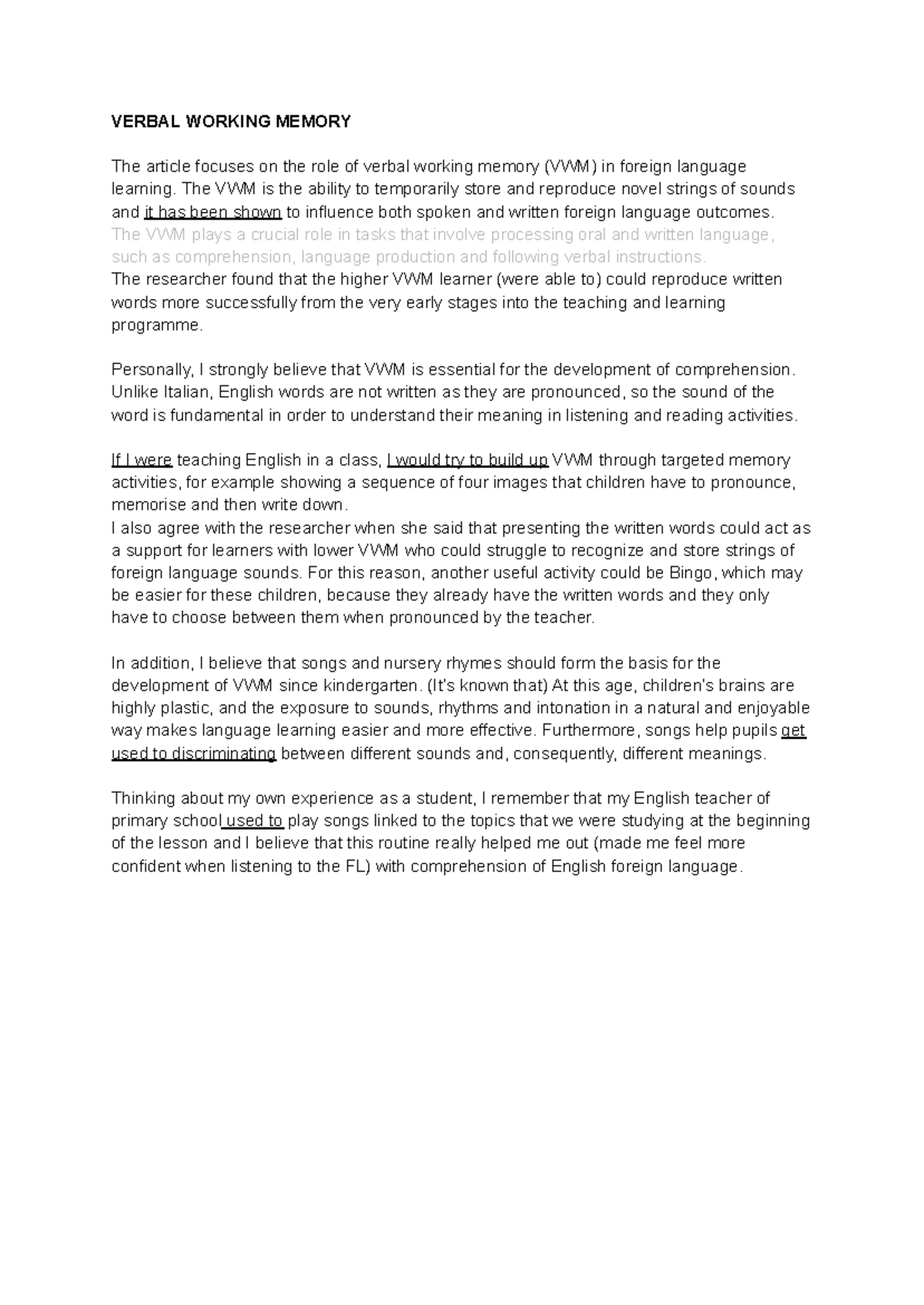 VERBAL WORKING MEMORY IN FOREIGN LANGUAGE LEARNING (Orale Inglese ...