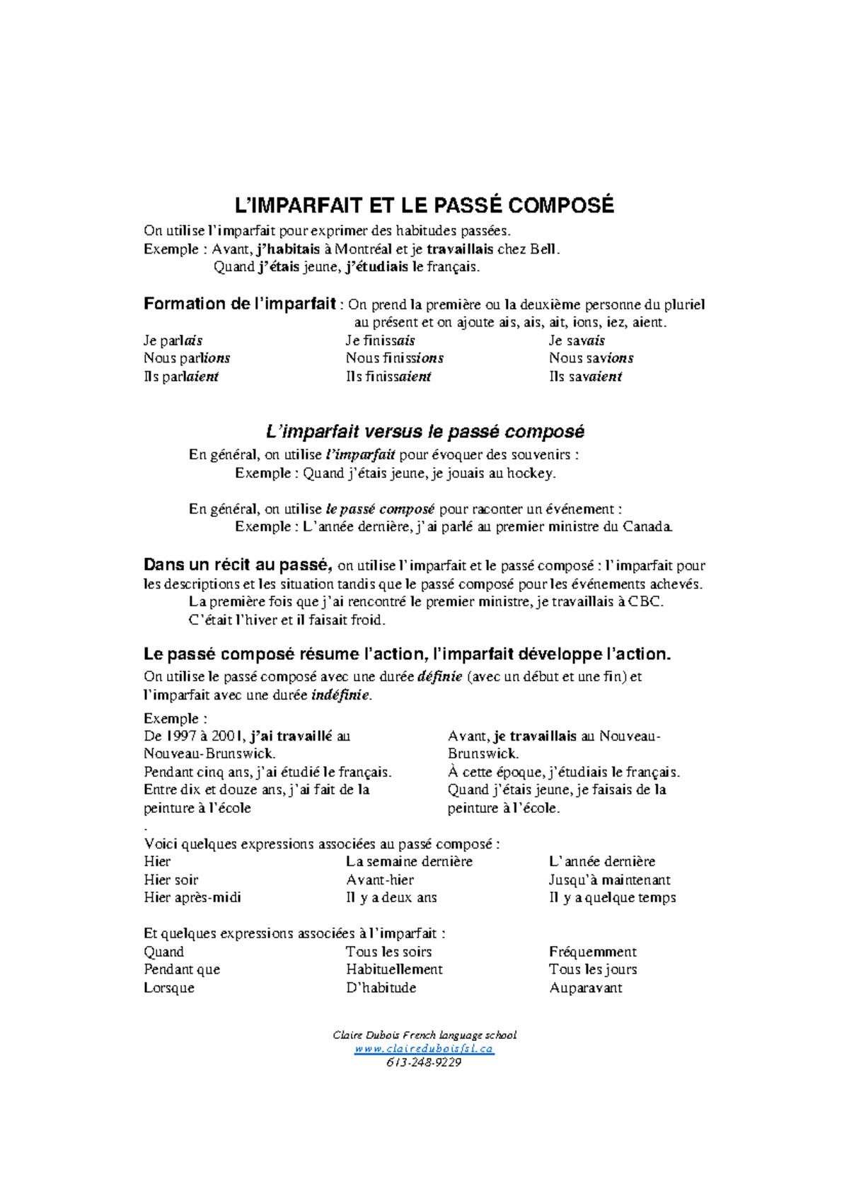 L'imparfait, passe compose - Claire Dubois French language school w w w ...