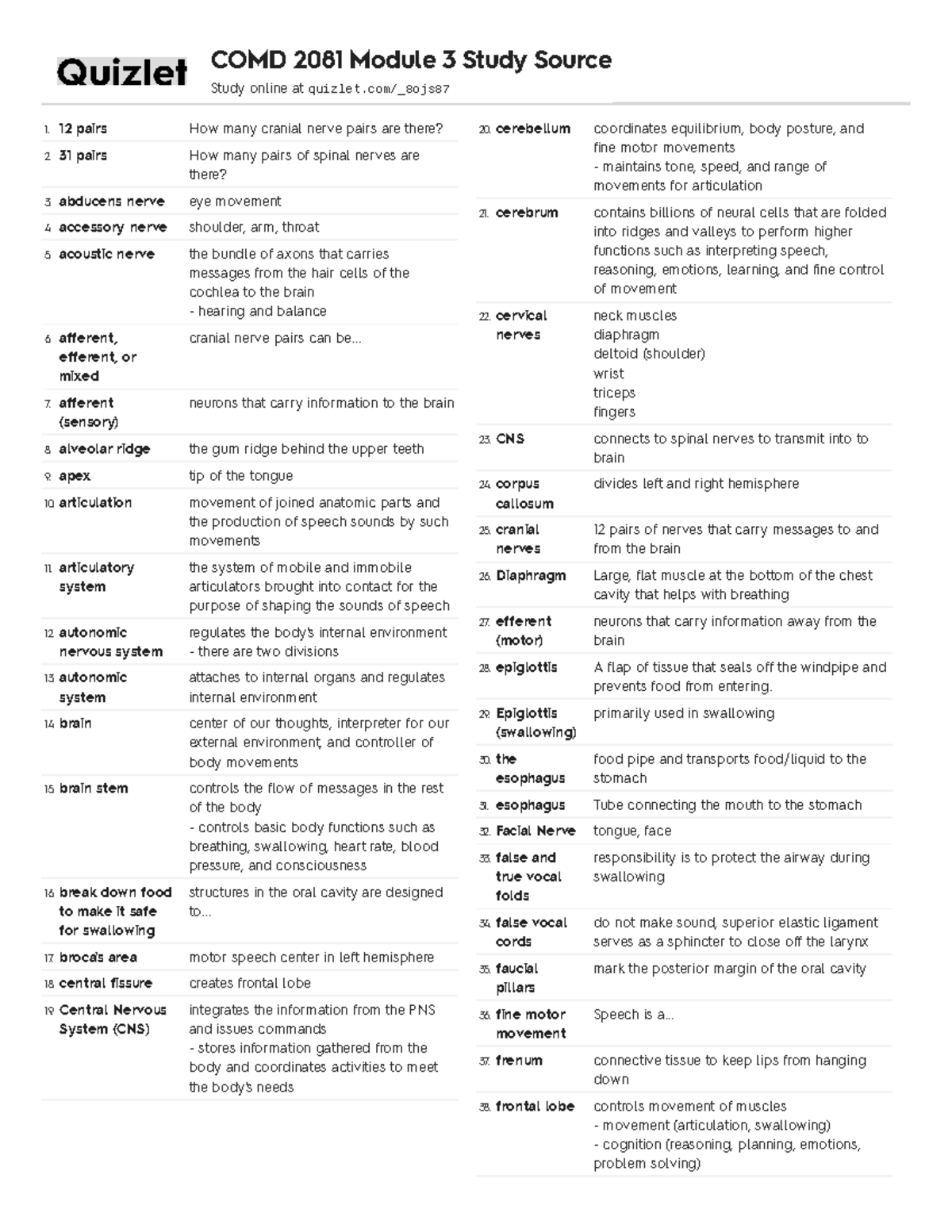 COMD 2081 Module 3 Study Notes: Nervous System & Speech Functions - Studocu