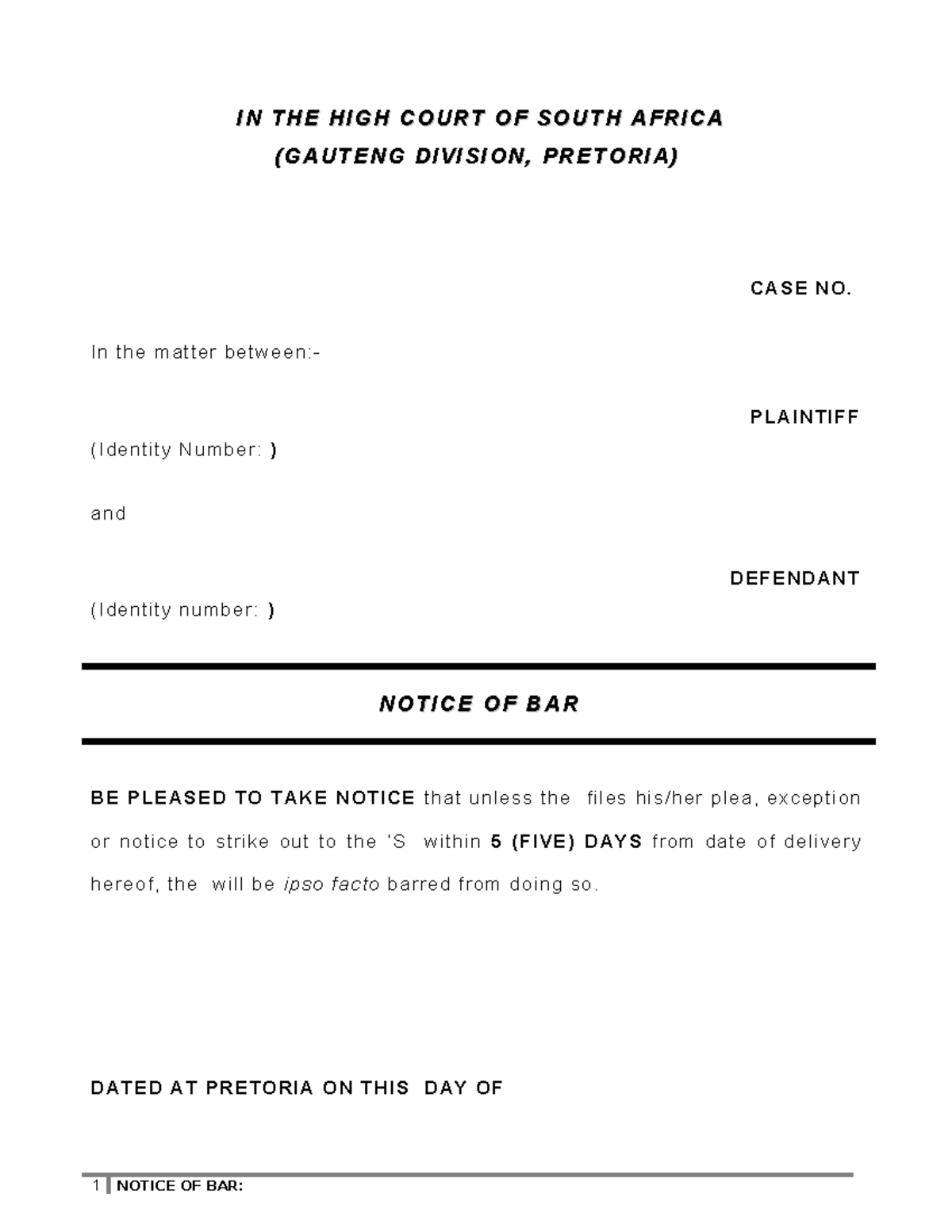 Notice of Bar Template - High Court of South Africa (Gauteng Division ...