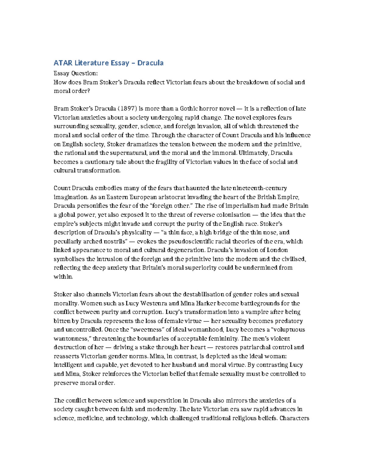 ATAR Literature Essay: Dracula and Victorian Fears of Social Order ...